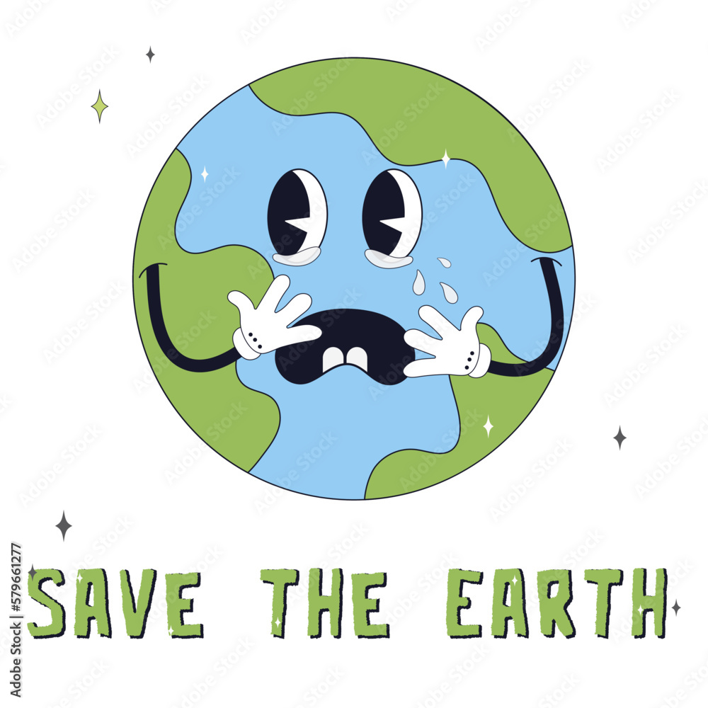 Retro groovy cartoon style earth planet.World Environment Day. Earth ...