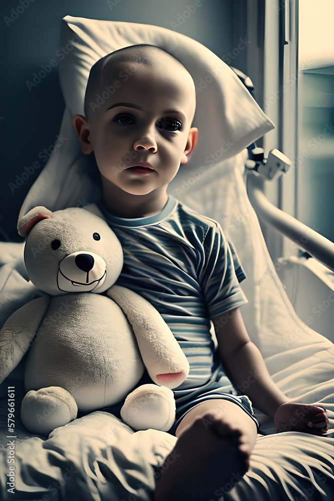 Beautiful sad lonely child hugging a soft teddy bear. Close up. Sick ...