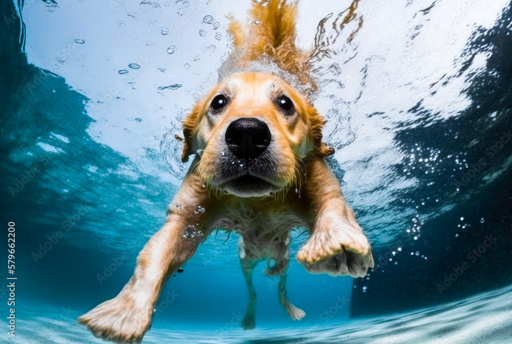 Adorable cute golden labrador retriever puppy swimming in the pool ...