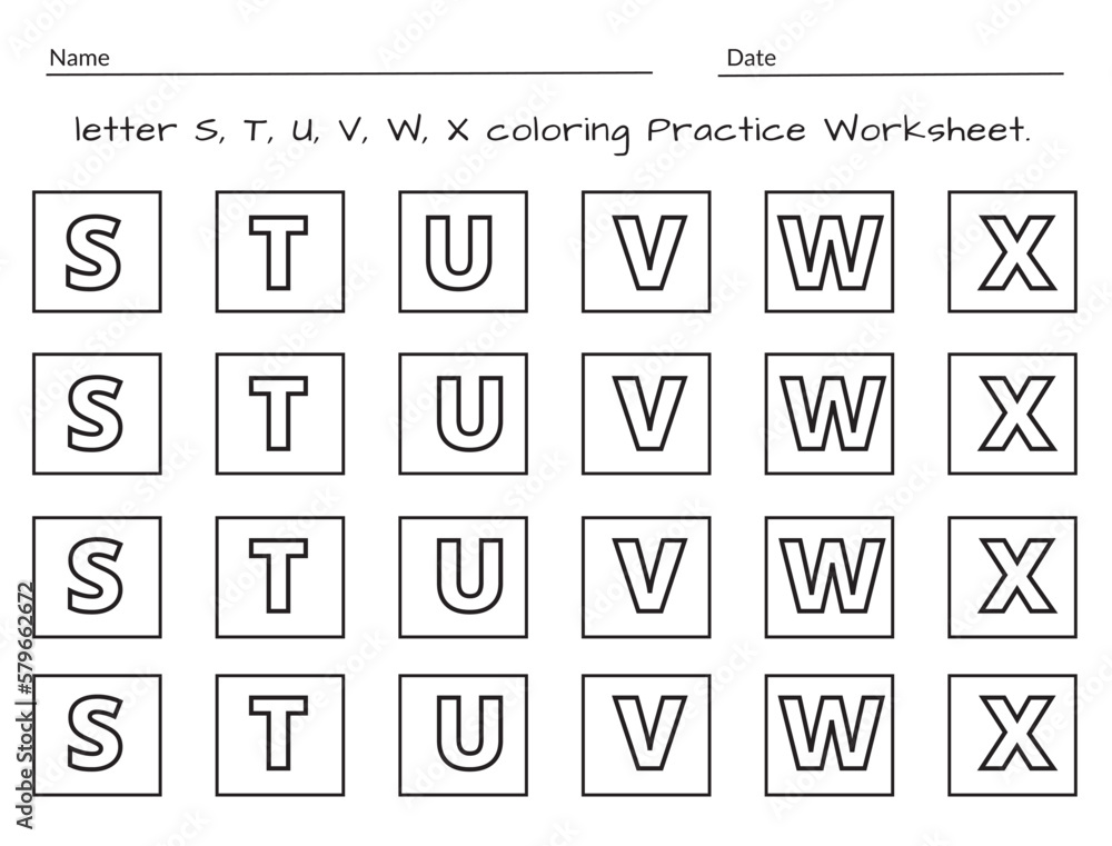 Worksheet for children. Color and count the letter S, T, U, V, W, X ...