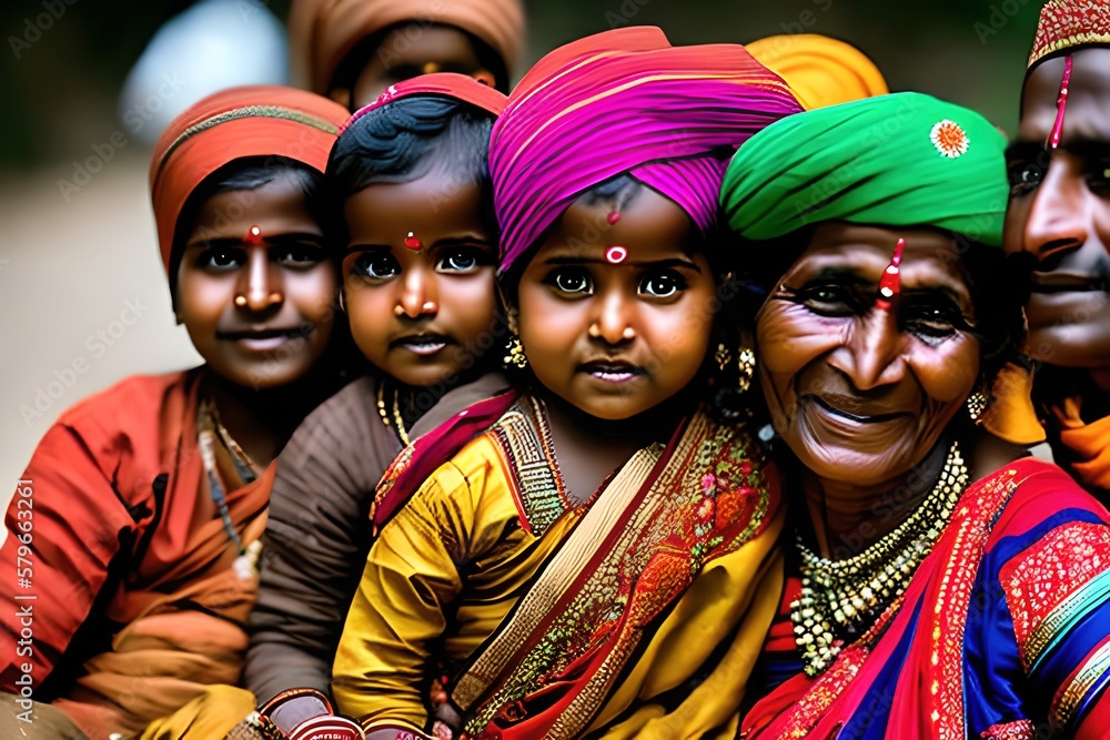 Hindu family portrait from a tribe with grandparents and grandchildren ...