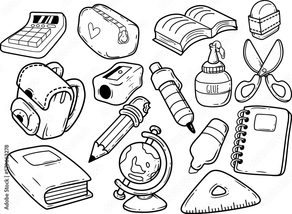 School supplies outline sketch vector collection Stock Vector | Adobe Stock