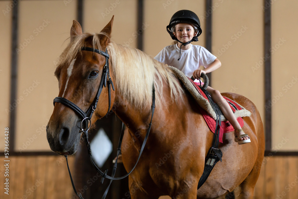 Smiling little girl in helmet learning horseback riding. .Happy child ...