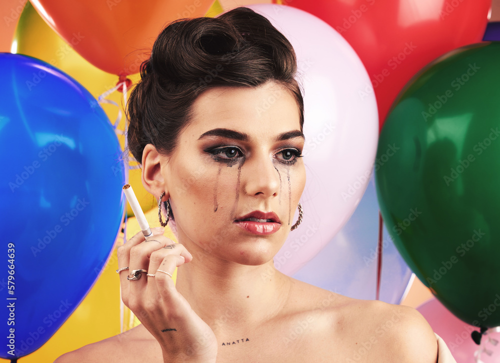 Party balloon and makeup woman crying with sad, depressed and ...