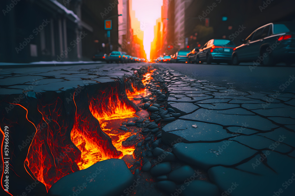 Large crack in the middle of a city street with red-hot lava at the ...
