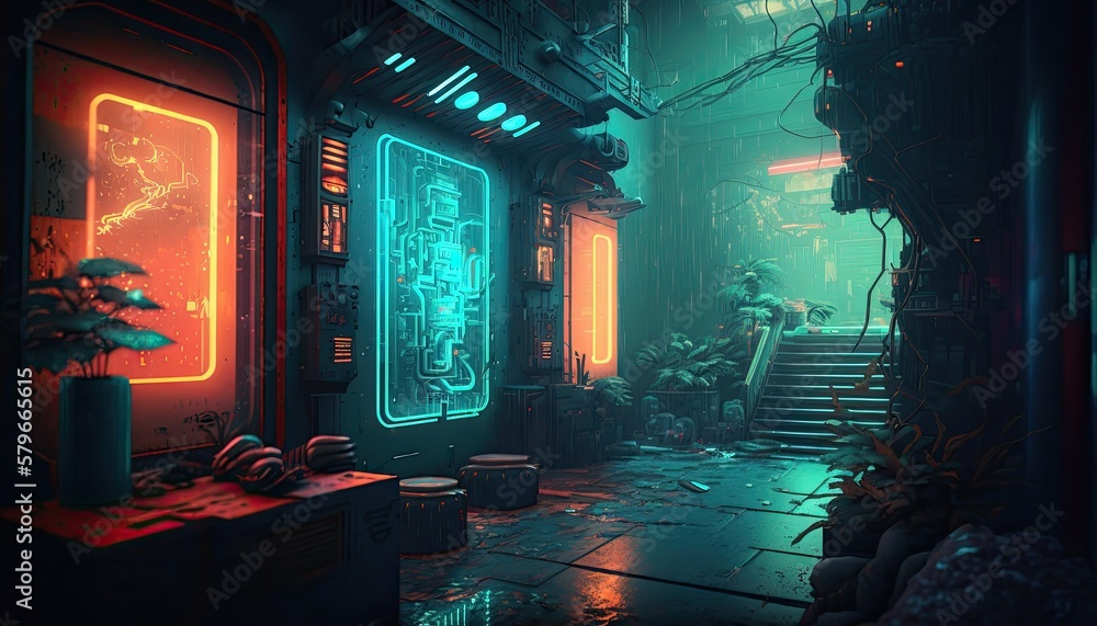 Beautiful neon night in a cyberpunk city. Photorealistic 3d ...