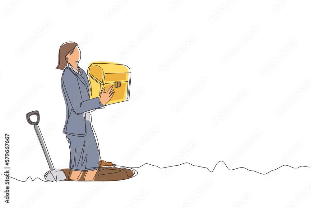 Continuous one line drawing happy woman hunter seeker hold chest find ...