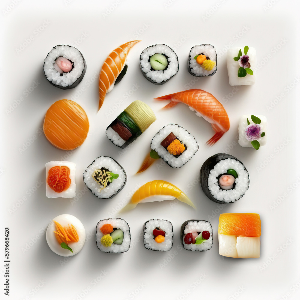 Assorted of Japanese sushi, nigiri and maki pieces isolated on white ...