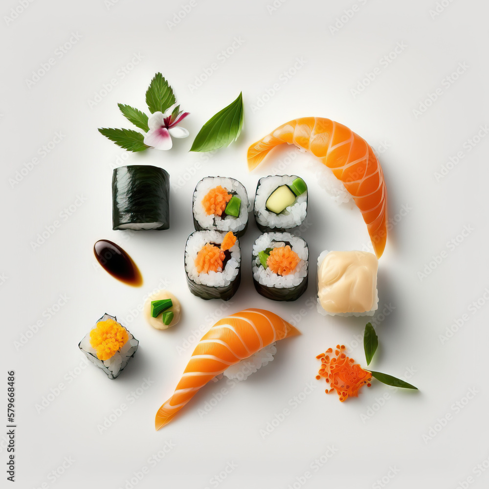 Assorted of Japanese sushi, nigiri and maki pieces isolated on white ...