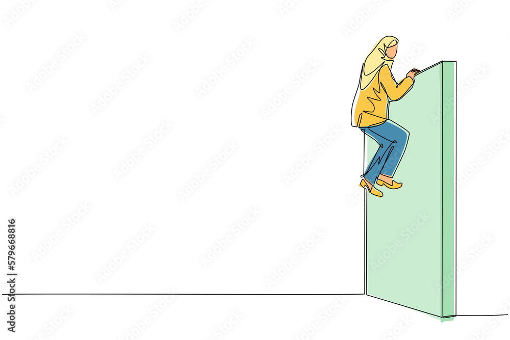 Continuous one line drawing Arabic businesswoman overcame wall ...
