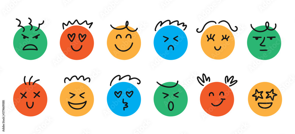 Fun Emoji Icon Set, Emoticon Doodle Faces Stock Vector | Adobe Stock