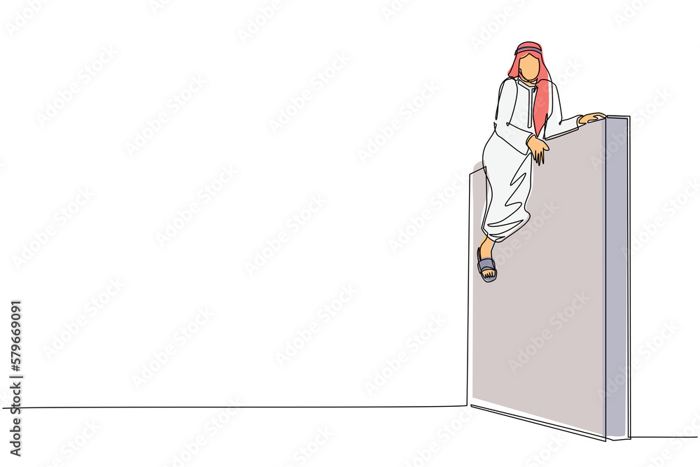 Single one line drawing Arabian businessman overcame wall obstacles ...