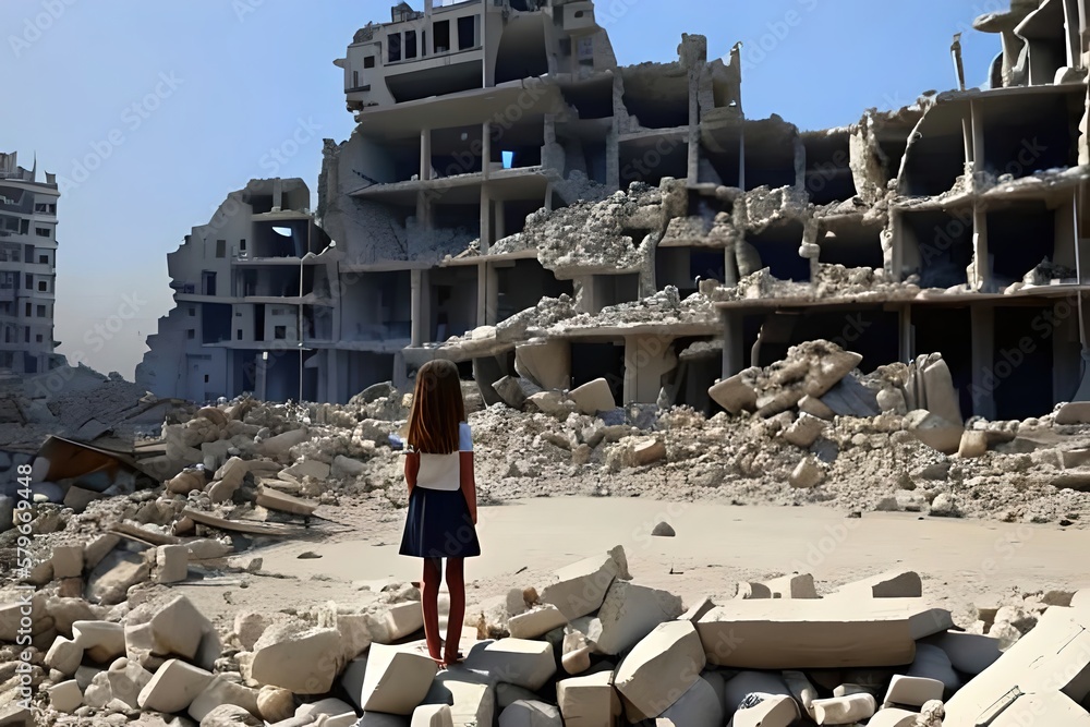 sad girl standing in front of collapsed buildings area, natural ...
