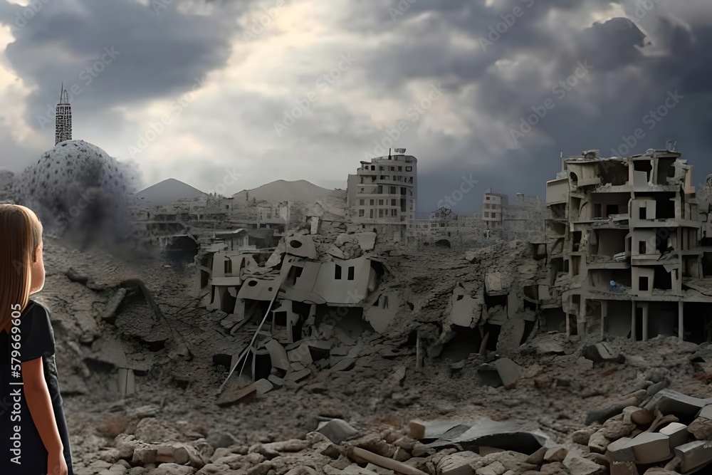 sad girl standing in front of collapsed buildings area, natural ...