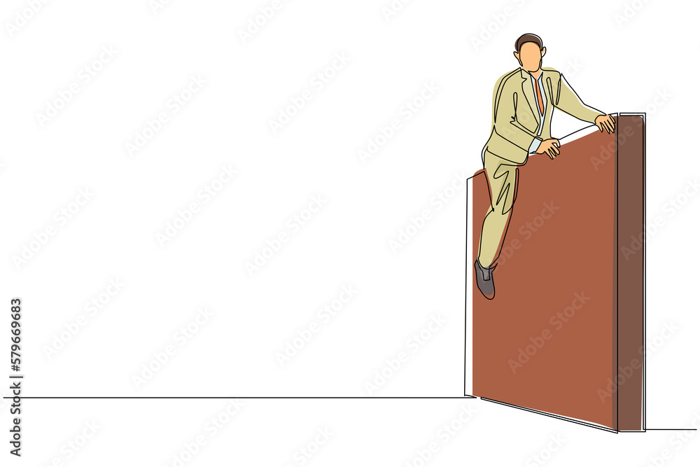 Single one line drawing businessman overcame wall obstacles that ...
