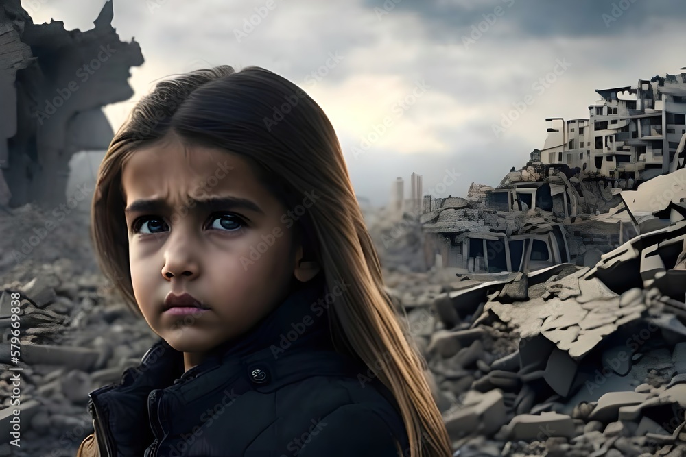 sad girl standing in front of collapsed buildings area, natural ...