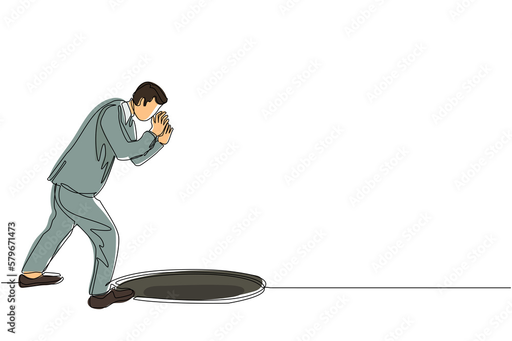 Single one line drawing businessman scream into pit hole. Man wondering ...
