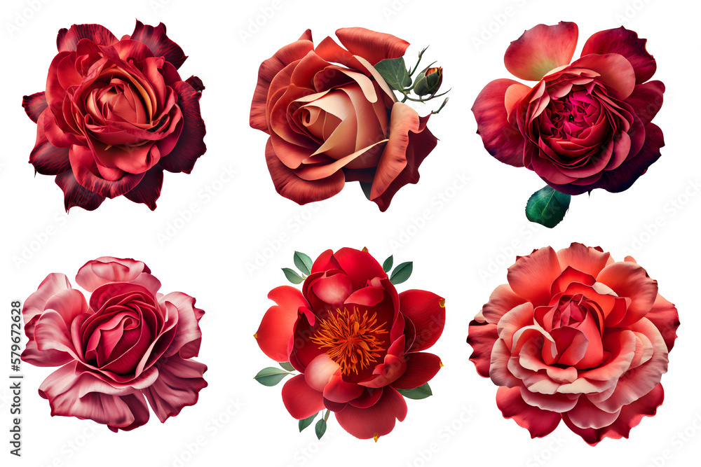 Assorted pink red roses on transparent PNG background. Flatlay top view ...