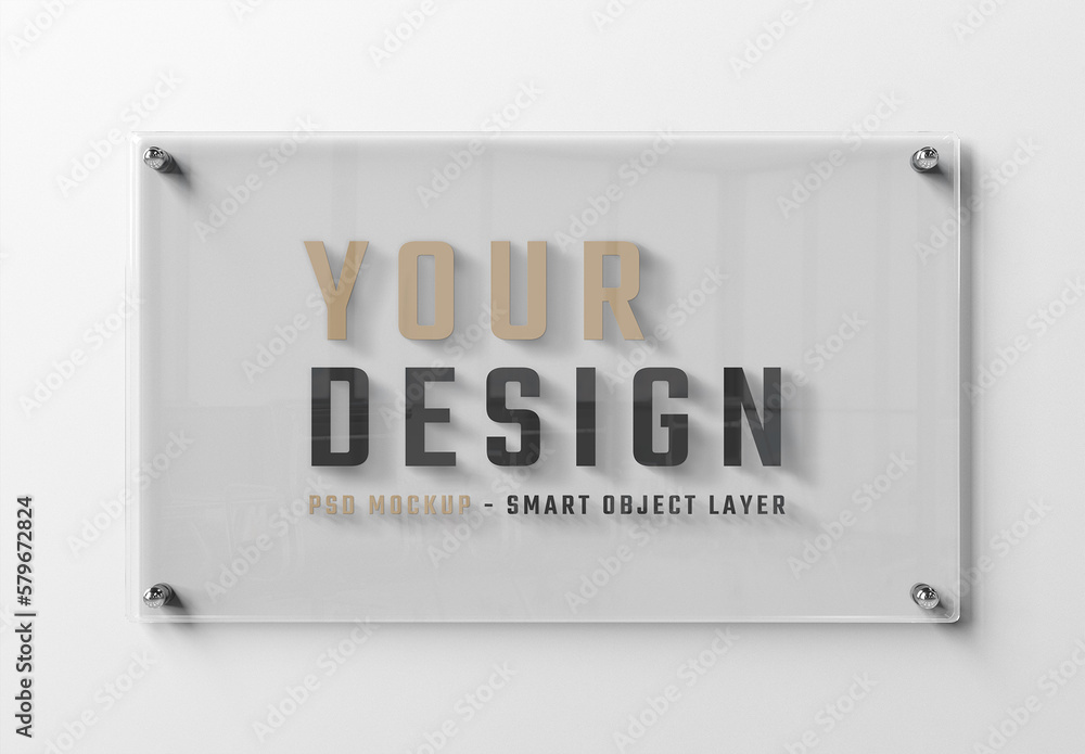 Transparent Glass Sign Plate on White Wall Mockup Stock Template ...