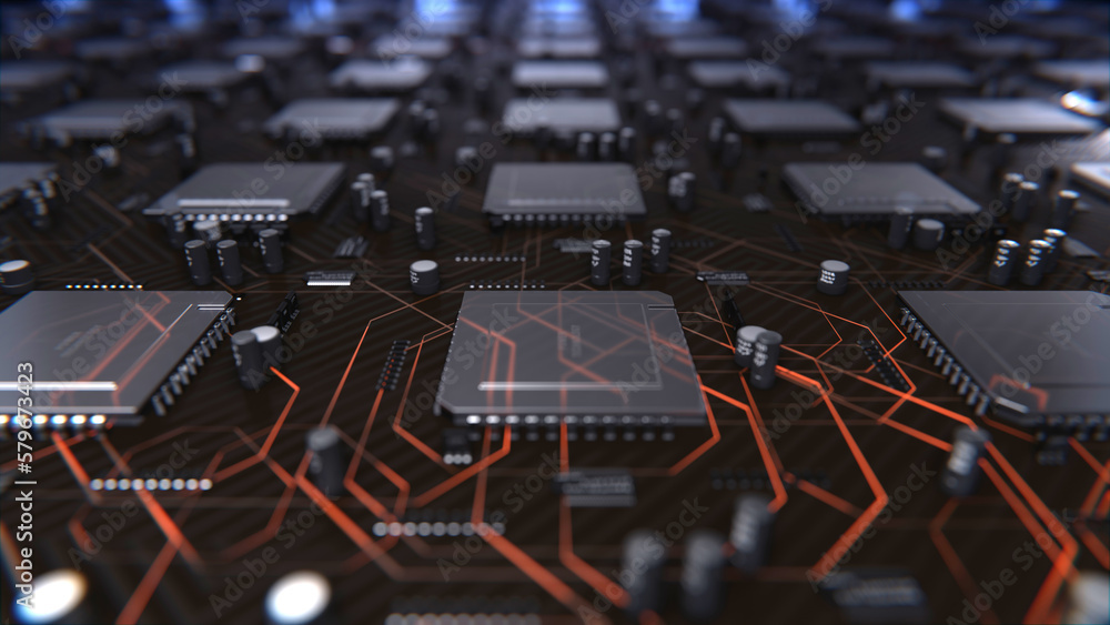 Circuit Board with many CPU Processors in the server room of the data center. Microchips ...