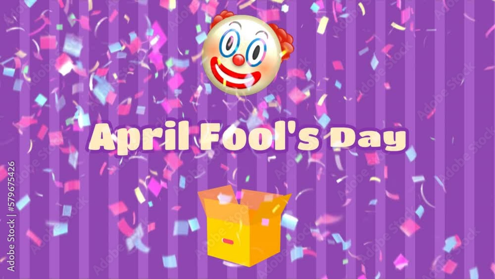 April fools day with head clown, confetti, surprise box and funny prank ...
