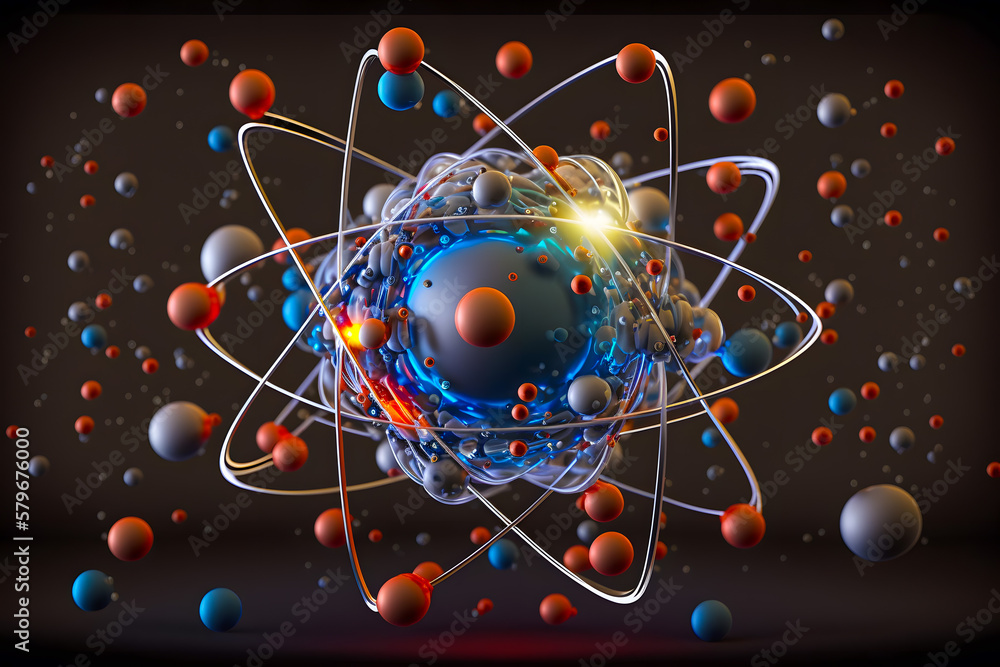 Enlarged model of an atom with a nucleus of protons, neutrons and ...