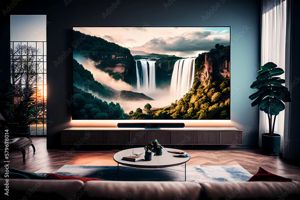 Big tv on the wall in modern living room. Generative ai design. Stock ...