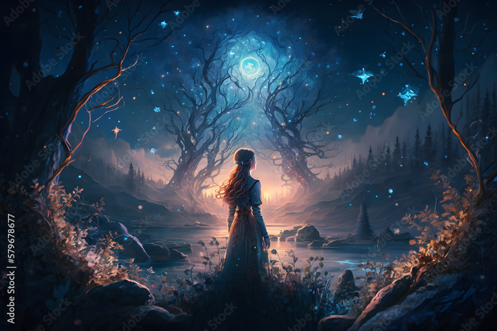 Magic fairy tale night fantasy landscape with girl silhouette. Neural ...