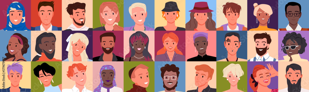 Different people in square avatars vector illustration. Cartoon ...