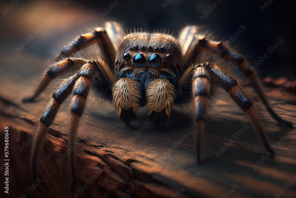 Extreme close-up shows a hairy, eight-eyed tarantula scuttling on a ...