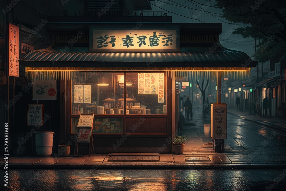 Japanese aesthetic ramen shop on rainy nights. Generative AI. Stock ...