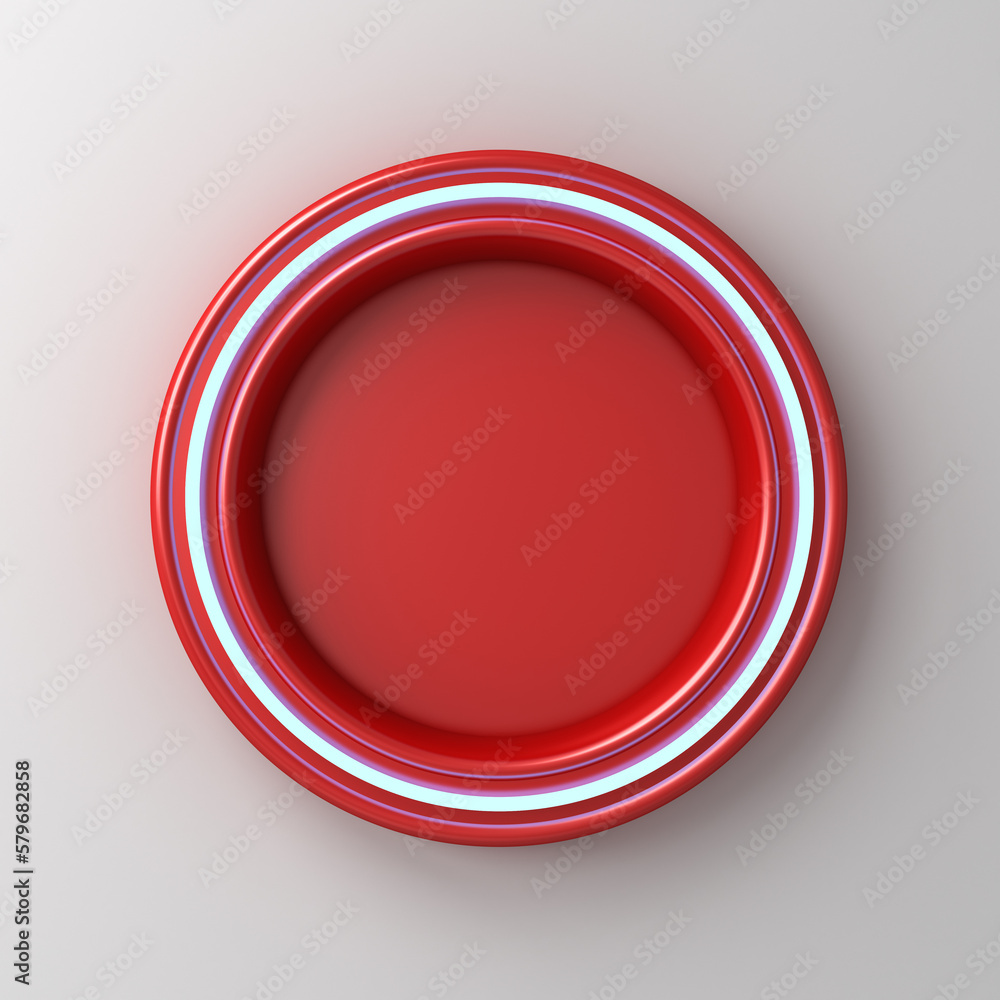 Modern red round sign with blue neon light bulb isolated on white wall ...