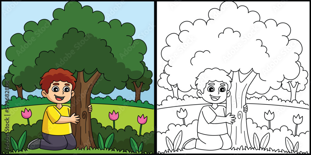 Boy Hugging a Tree Coloring Page Illustration Stock Vector | Adobe Stock