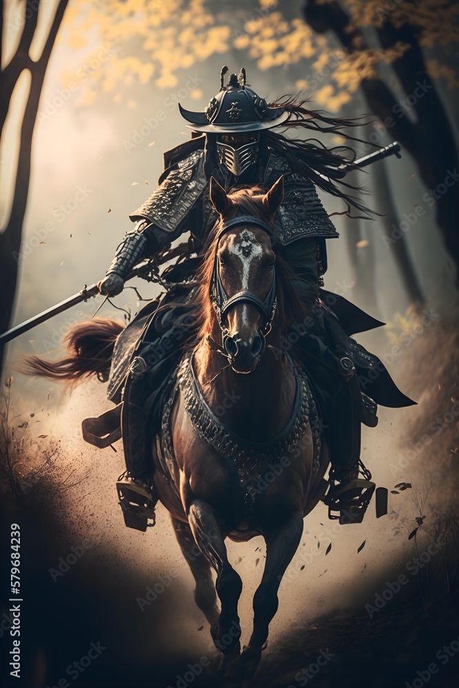 Japanese samurai charging into battle on horseback, wielding katana ...