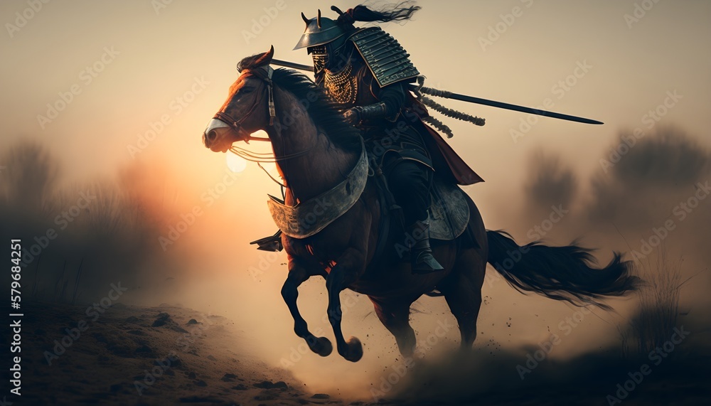 Japanese samurai charging into battle on horseback, wielding katana ...