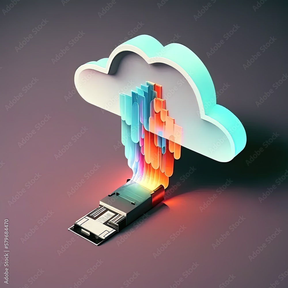 A hand holding a USB flash drive and inserting it into a hologram of a ...