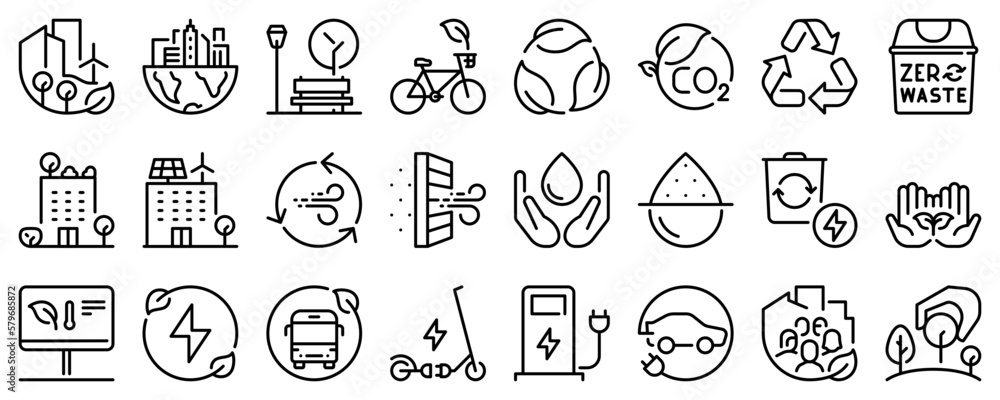 Line icons about green city on transparent background with editable ...