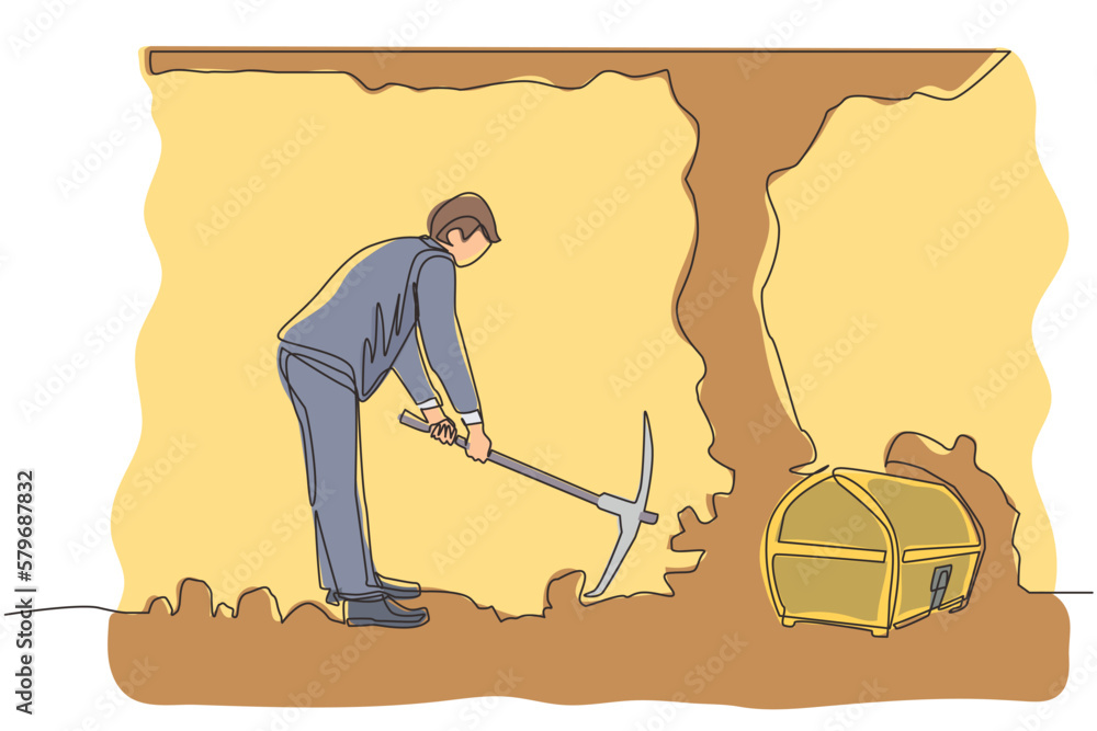 Single one line drawing businessman digging with pickaxe looking for ...