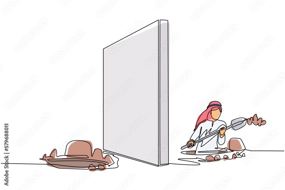 Single one line drawing Arabian businessman digging tunnel under wall ...