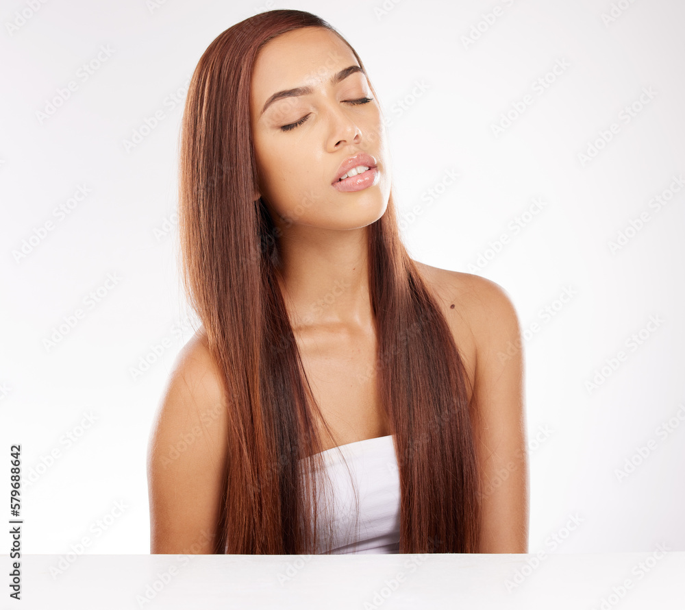 Beauty, hair care and woman in a studio with a healthy, wellness and ...