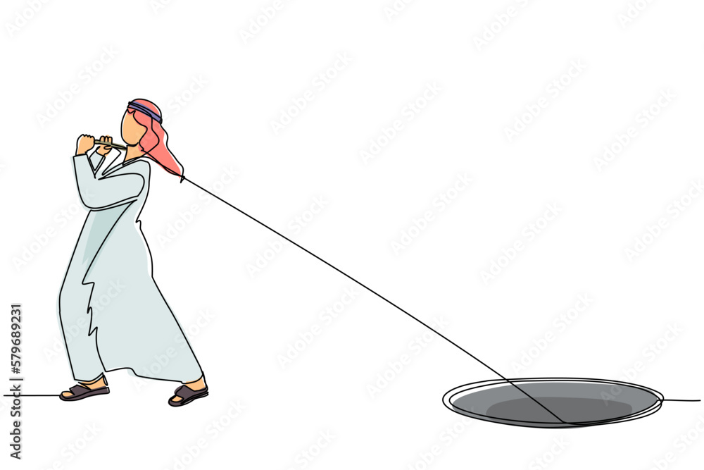 Single continuous line drawing Arabian businessman trying hard pulling ...