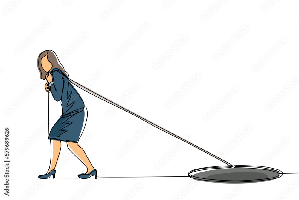 Single continuous line drawing businesswoman trying hard pulling rope ...