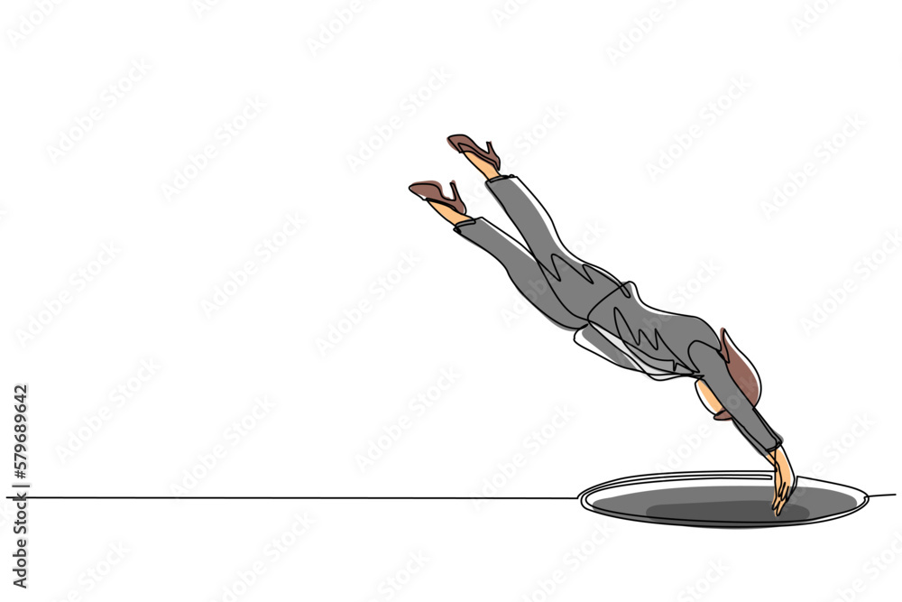 Continuous one line drawing businesswoman jump into hole. Concept of ...