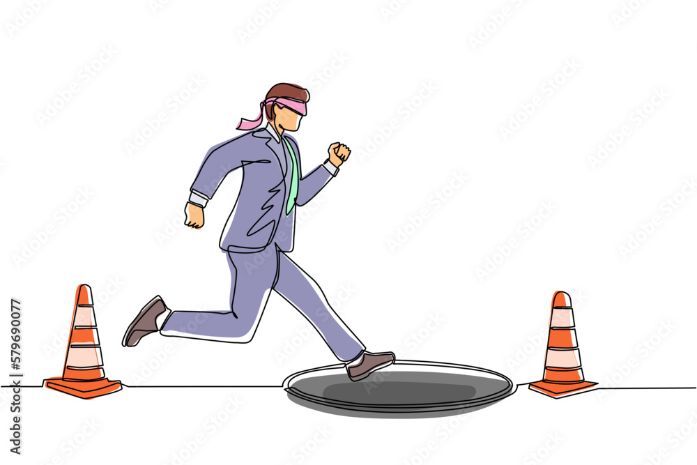 Continuous one line drawing blindfolded businessman running to find ...