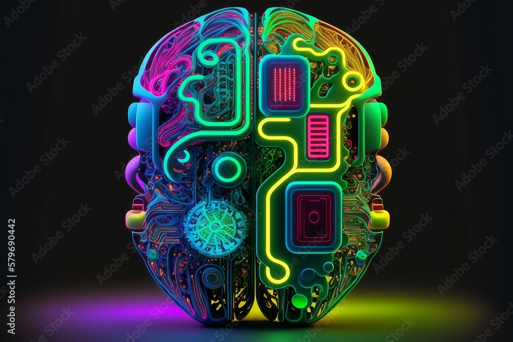 Colorful brain illustration and computer, human brain glowing with ...