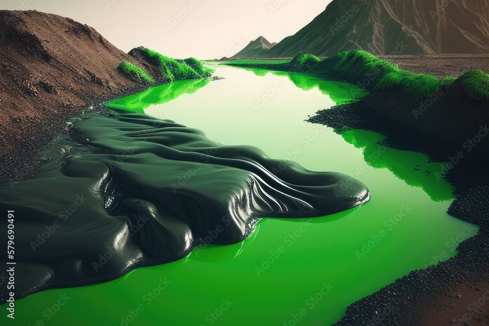 Toxic River: river polluted with industrial waste, with thick, greenish ...