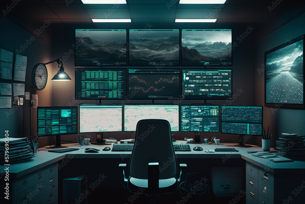 Dark room with computer desk and monitors. Generative AI. Stock ...