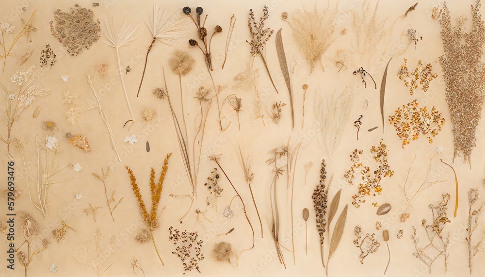 Different dried wild plants and flowers illustration on the beige ...