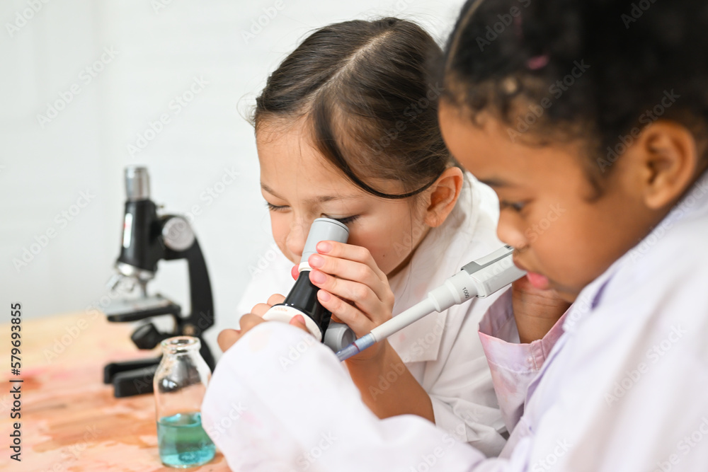 Child in classroom at school, Kid dressed science lab coat, Science ...