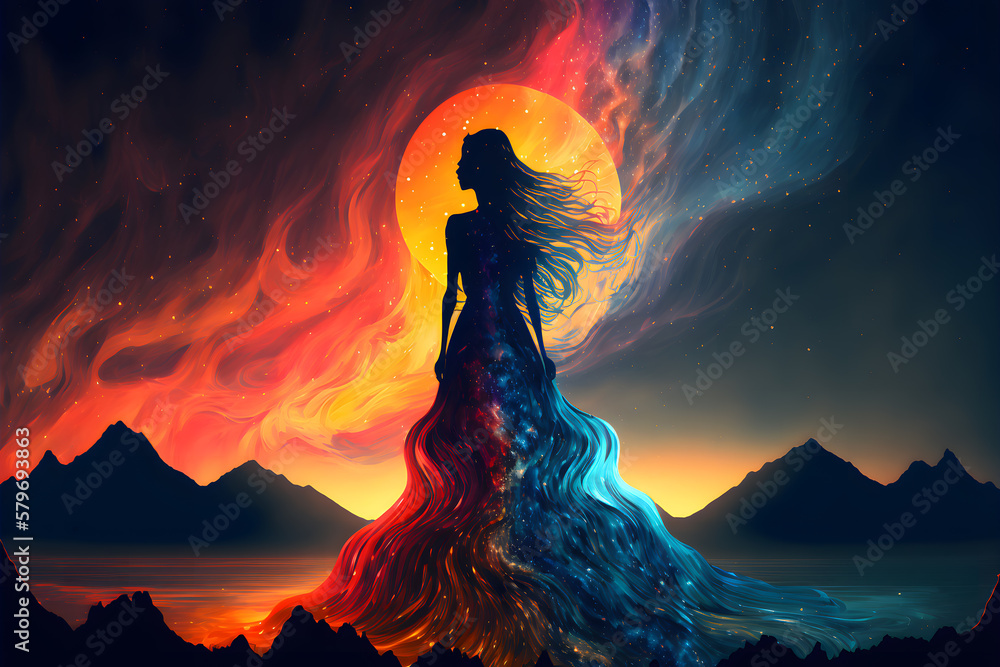 Abstract mystical woman silhouette against fairytale night epic sky in ...